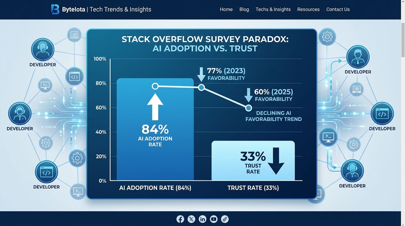 Stack Overflow 2025 Survey: AI Adoption 84%, Trust Drops to 33% | byteiota